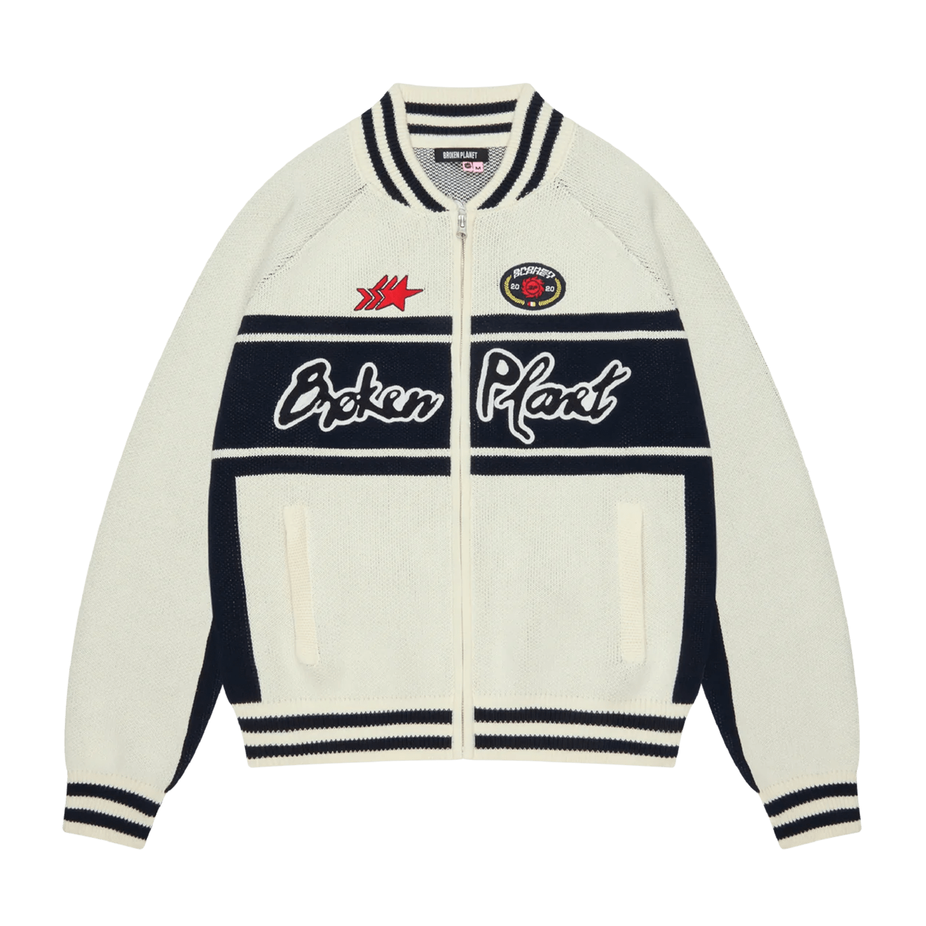 Broken Planet Racer Knit Zip Up 'White Navy' — Kick Game
